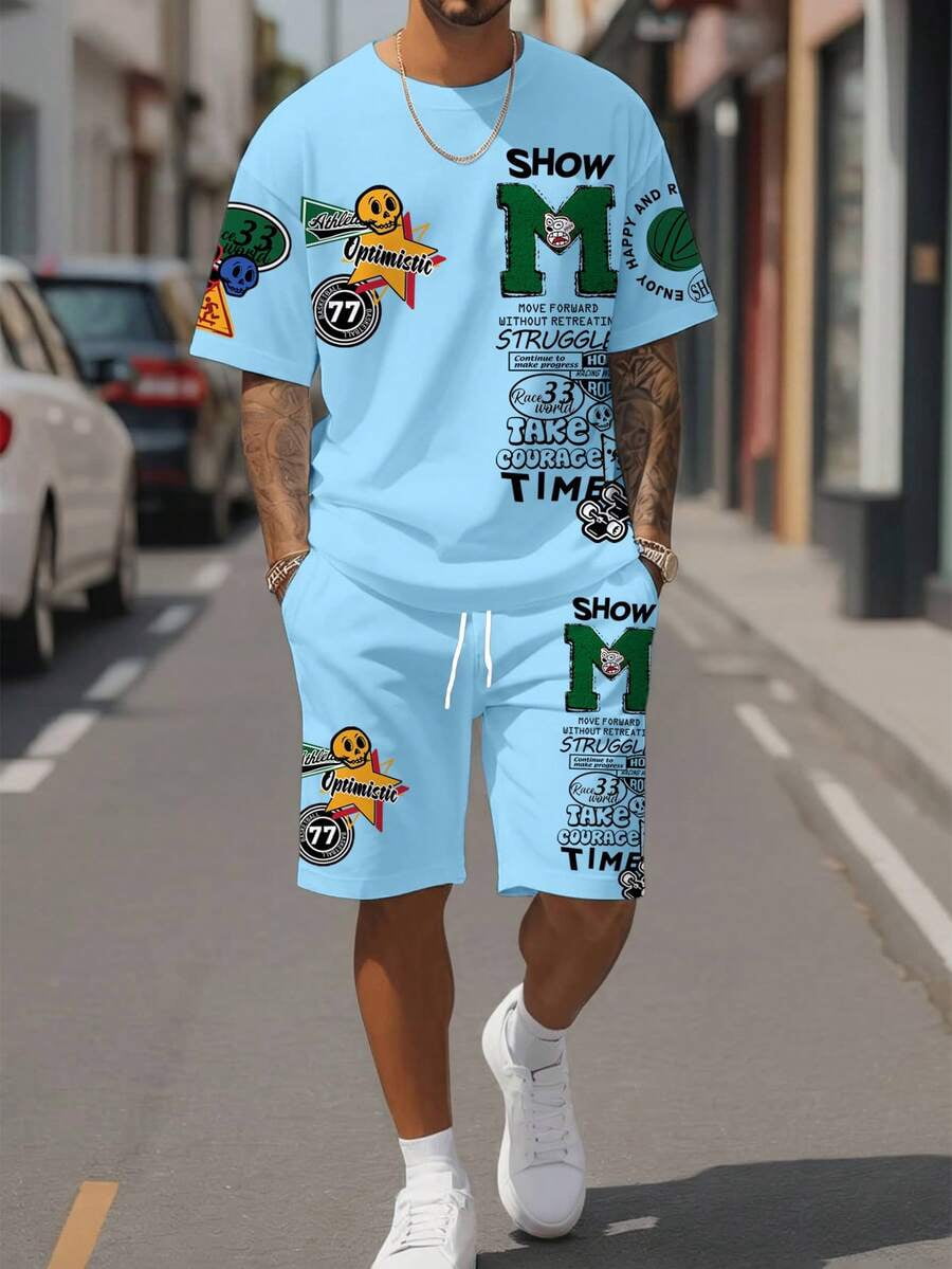 Blue Mens Graphic Print Round Neck Short Sleeve T-Shirt And Shorts Set ...