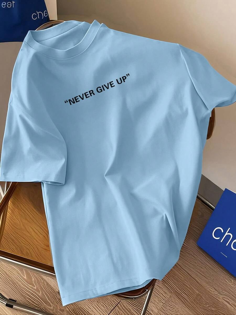 Blue Mens Never Give Up Slogan Print Crew Neck Loose Casual T-Shirt ...