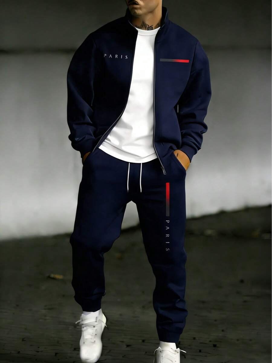 Blue Mens Paris Print Tracksuit Set 2-Piece Zip-Up Jacket And Jogger ...