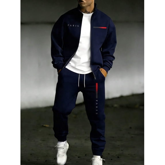 Blue Mens Paris Print Tracksuit Set 2-Piece Zip-Up Jacket And Jogger ...