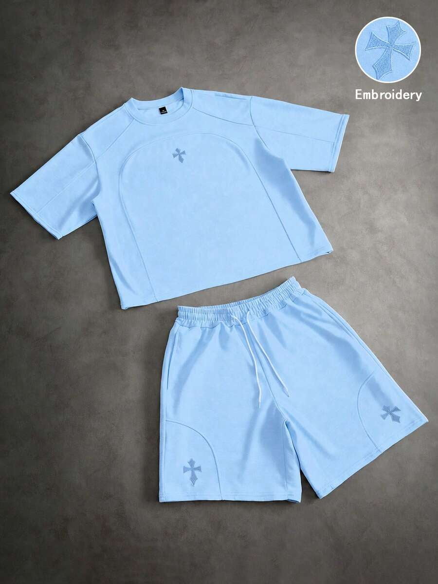 Blue Mens Streetwear Casual Set With 3D Cross Embroidery T-Shirt And ...