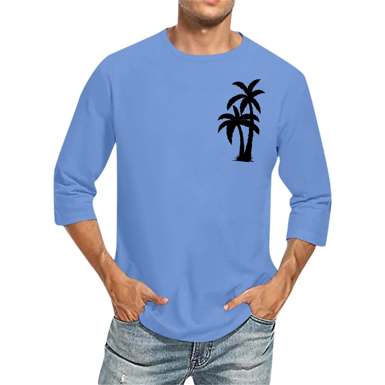 Blue Mens Tshirts Graphic Tops Tee for Man Short 3/4 Sleeve Crew Neck ...