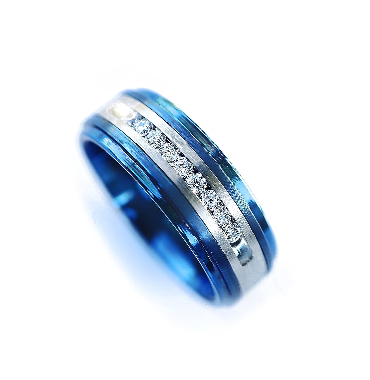Blue Mens Tungsten Wedding Ring Brushed Silver Inlay 9 Channel Set ...