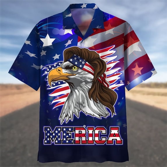 Blue Merican Hawaiian Shirt With Eagle, Independence Day Hawaii Aloha ...