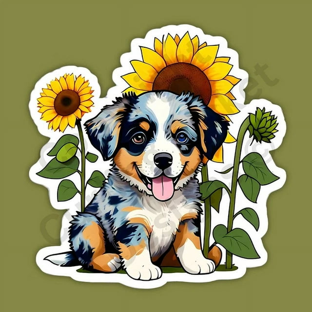 Blue Merle Australian Shepherd Puppy With Sunflowers Dog Breed Sticker ...