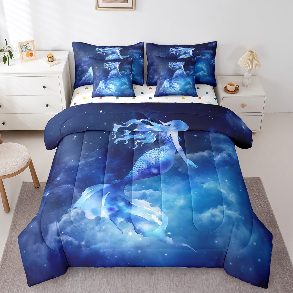 Blue Mermaid 7 Piece Comforter Set Full Bed in a Bag,Glitter Galaxy ...