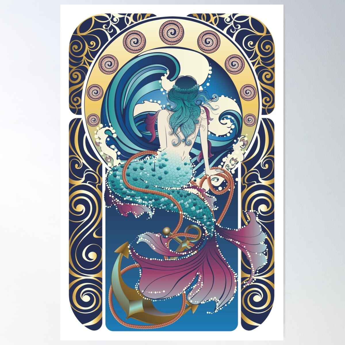 Blue Mermaid Art Nouveau Poster Wall Art, Modern Wall Decor For Living ...