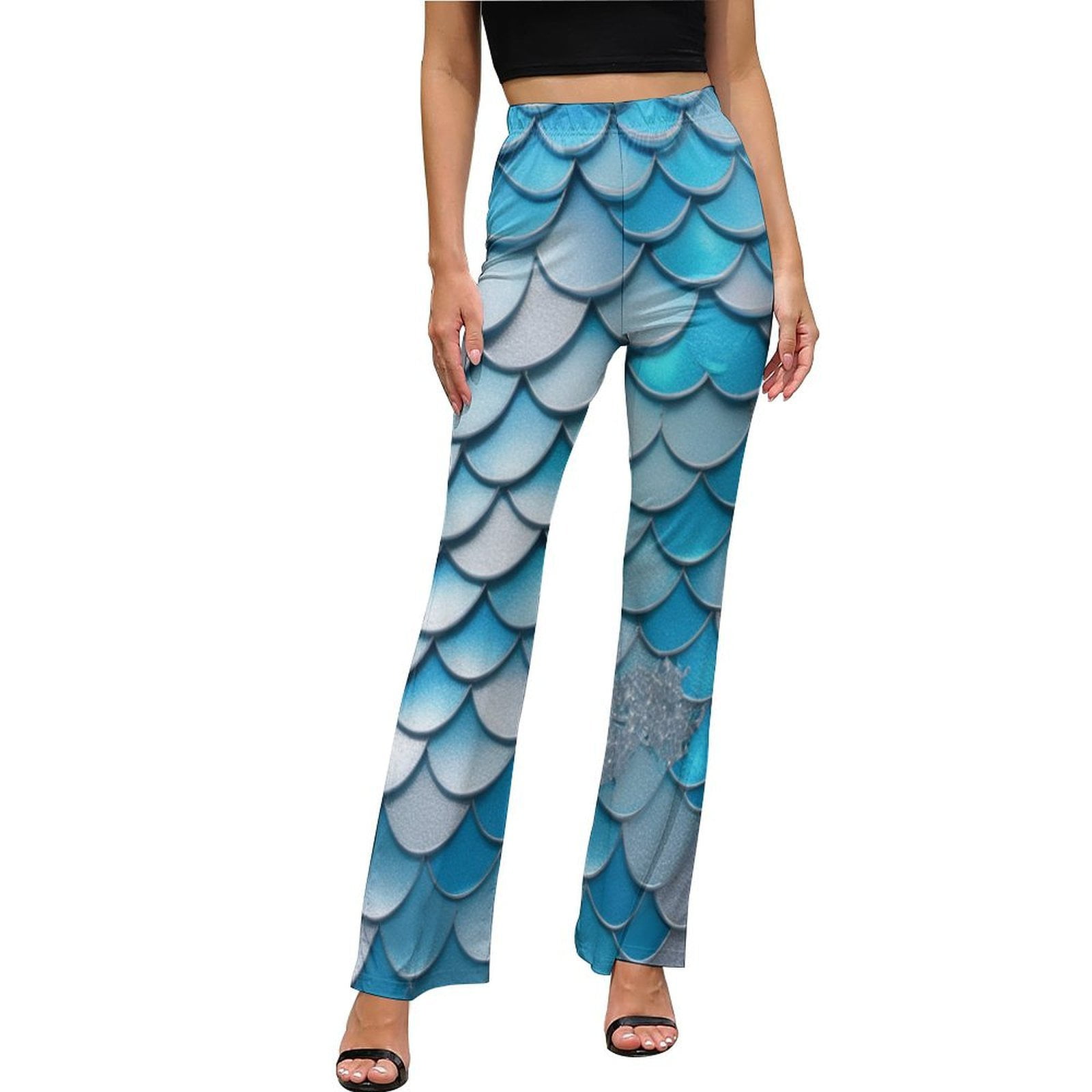 Blue Mermaid Scale Glitter Print High Waisted Casual Flared Trousers ...