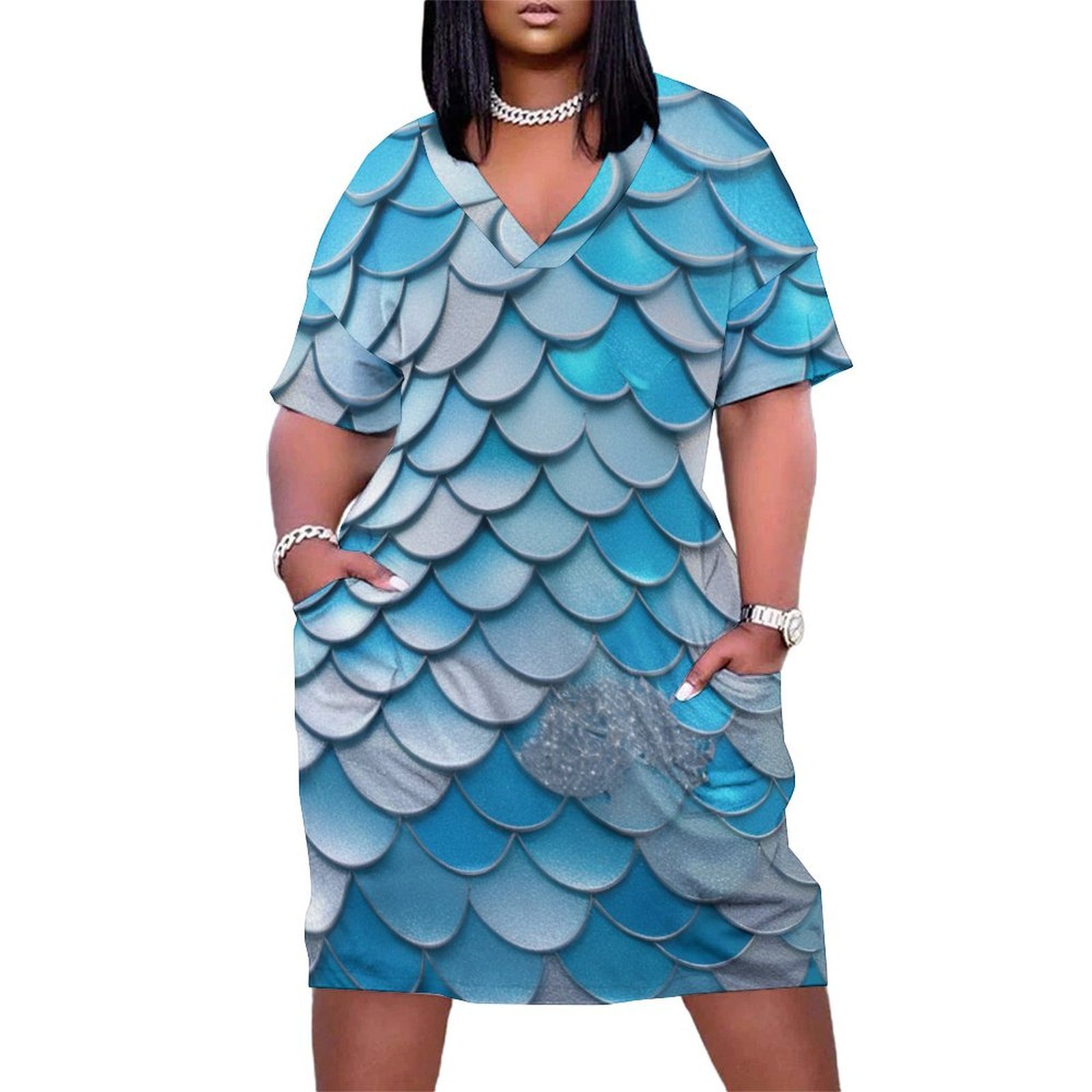 Blue Mermaid Scale Glitter Print Loose Pocket Dress Dresses Summer ...