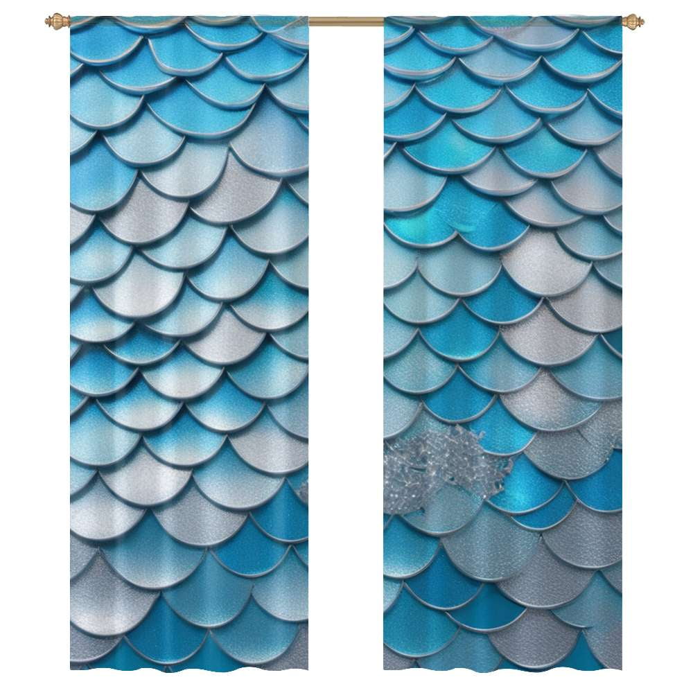 Blue Mermaid Scale Glitter Print Sheer Window Curtains for Living Room ...