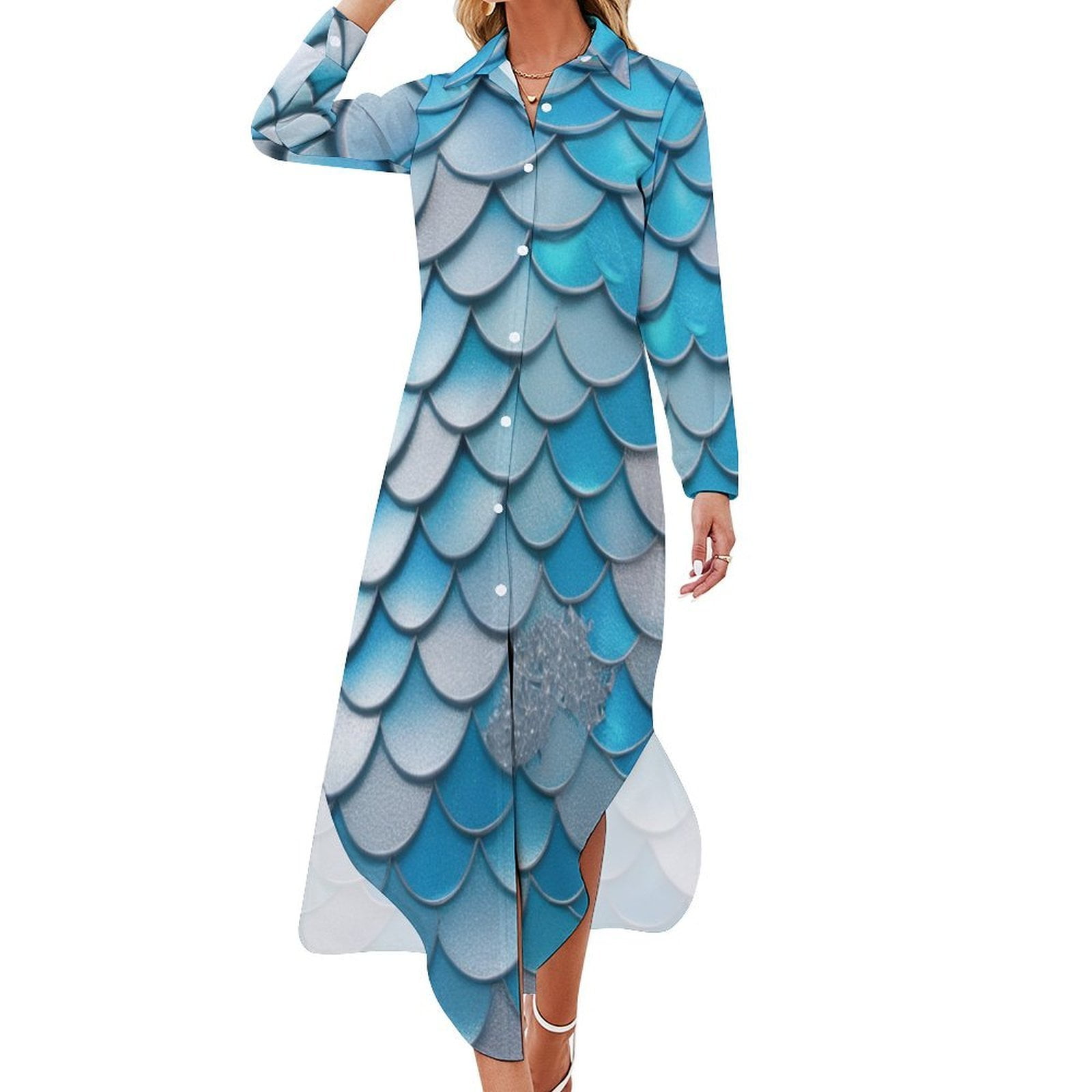 Blue Mermaid Scale Glitter Print Shirt Dress Long Sleeve Street Fashion ...