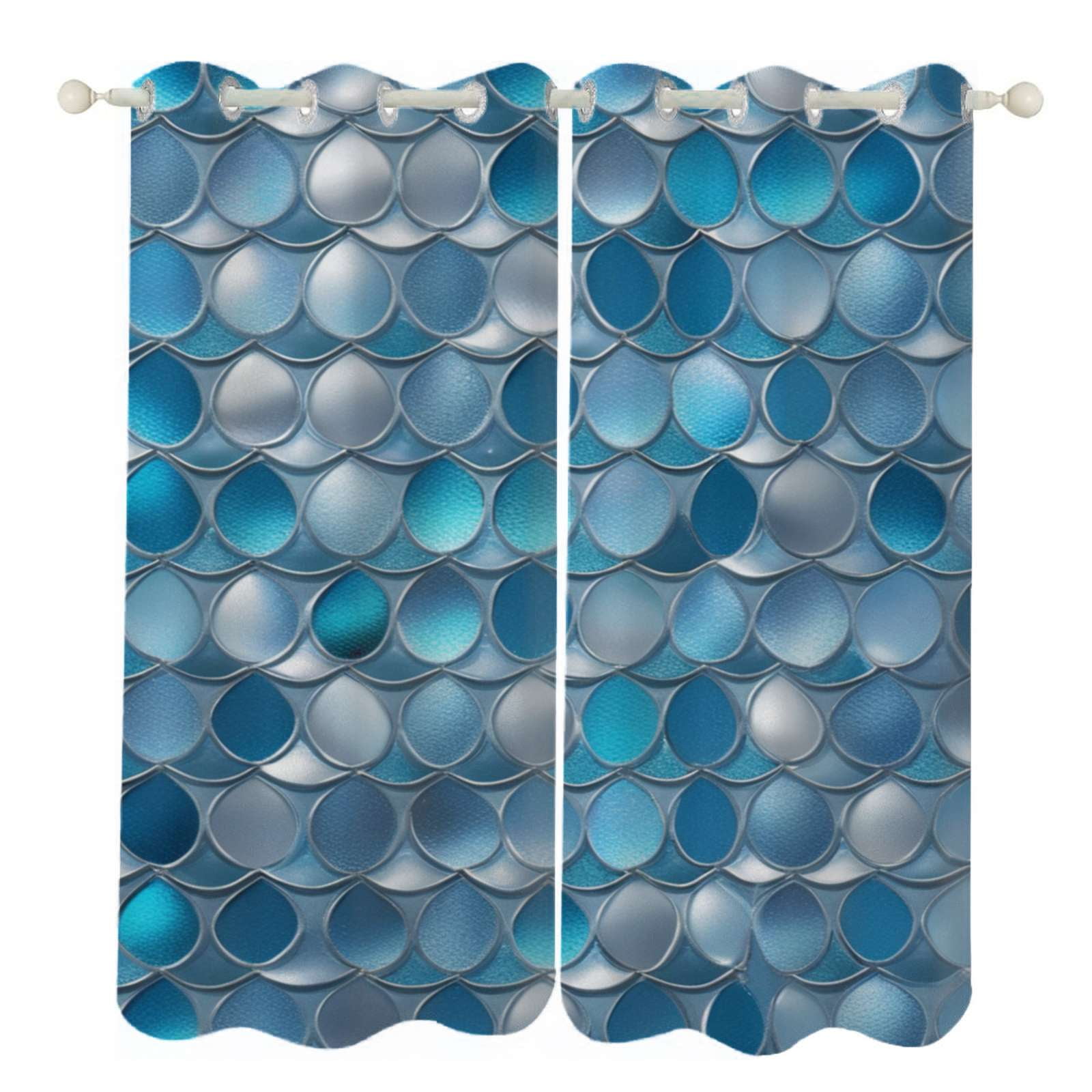 Blue Mermaid Scale Glitter Print Sunshade Curtains Home Bedroom Living ...