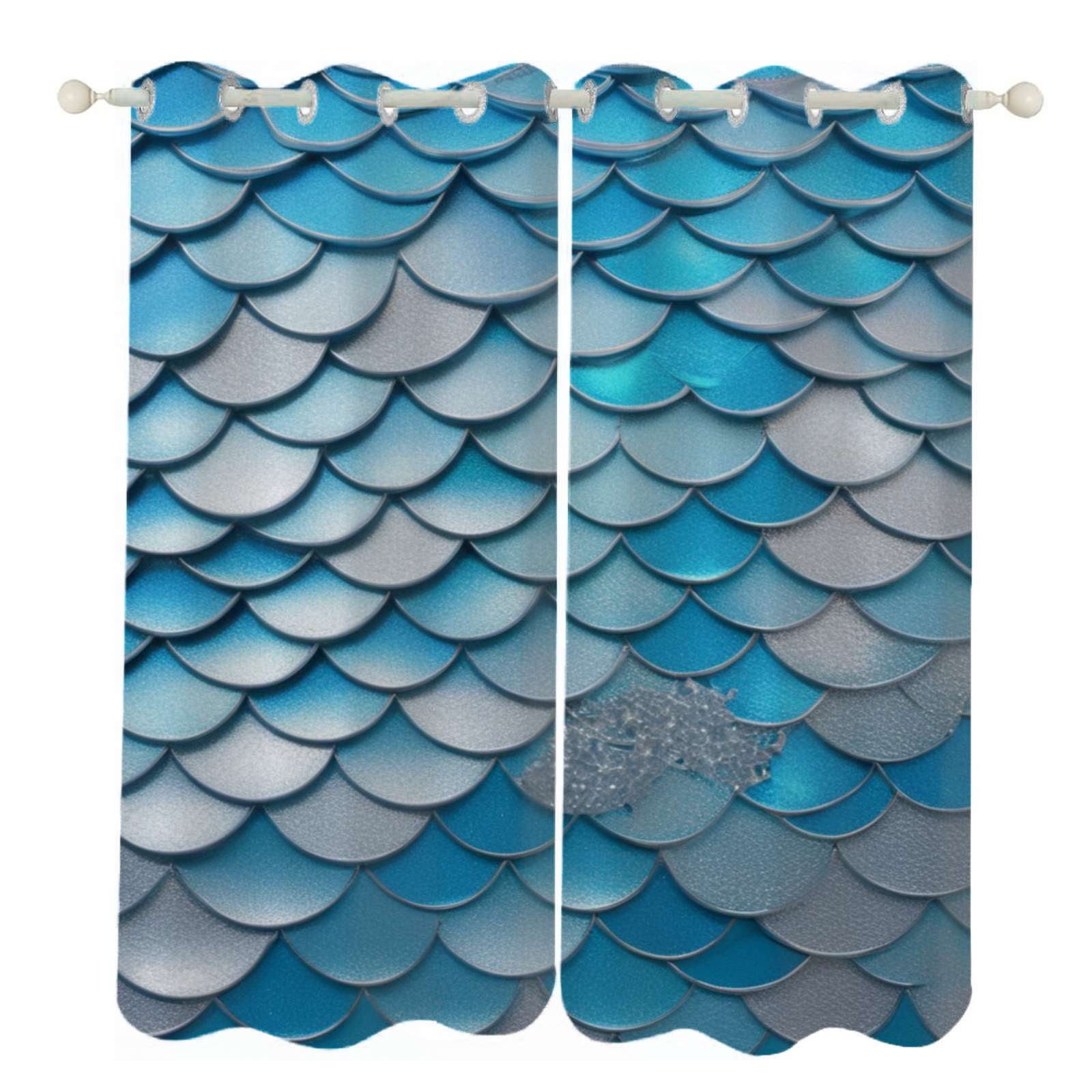 Blue Mermaid Scale Glitter Print Sunshade Curtains Home Bedroom Living ...