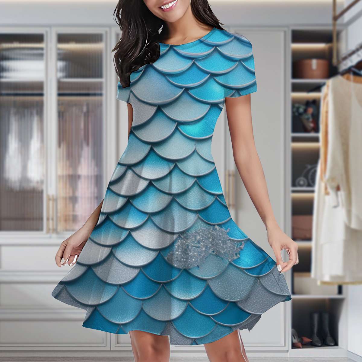 Blue Mermaid Scale Glitter Print Women's Classic Swing Skater Dress ...