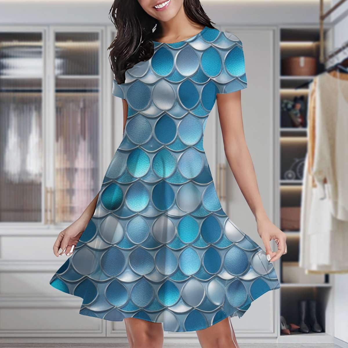 Blue Mermaid Scale Glitter Print Women's Classic Swing Skater Dress ...