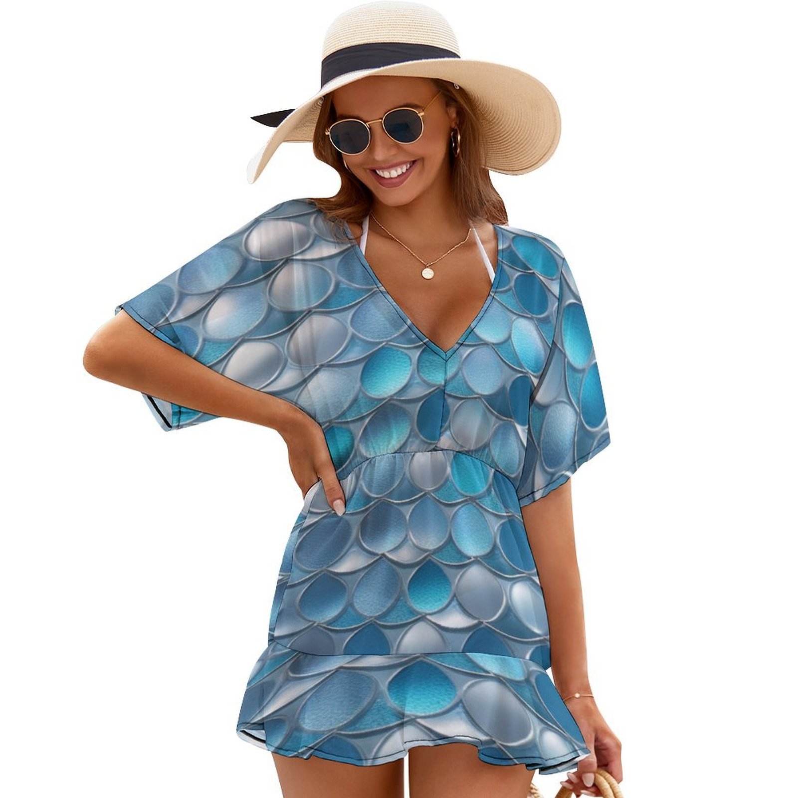 Blue Mermaid Scale Glitter Print Women's Luxury Party Dress Evening ...