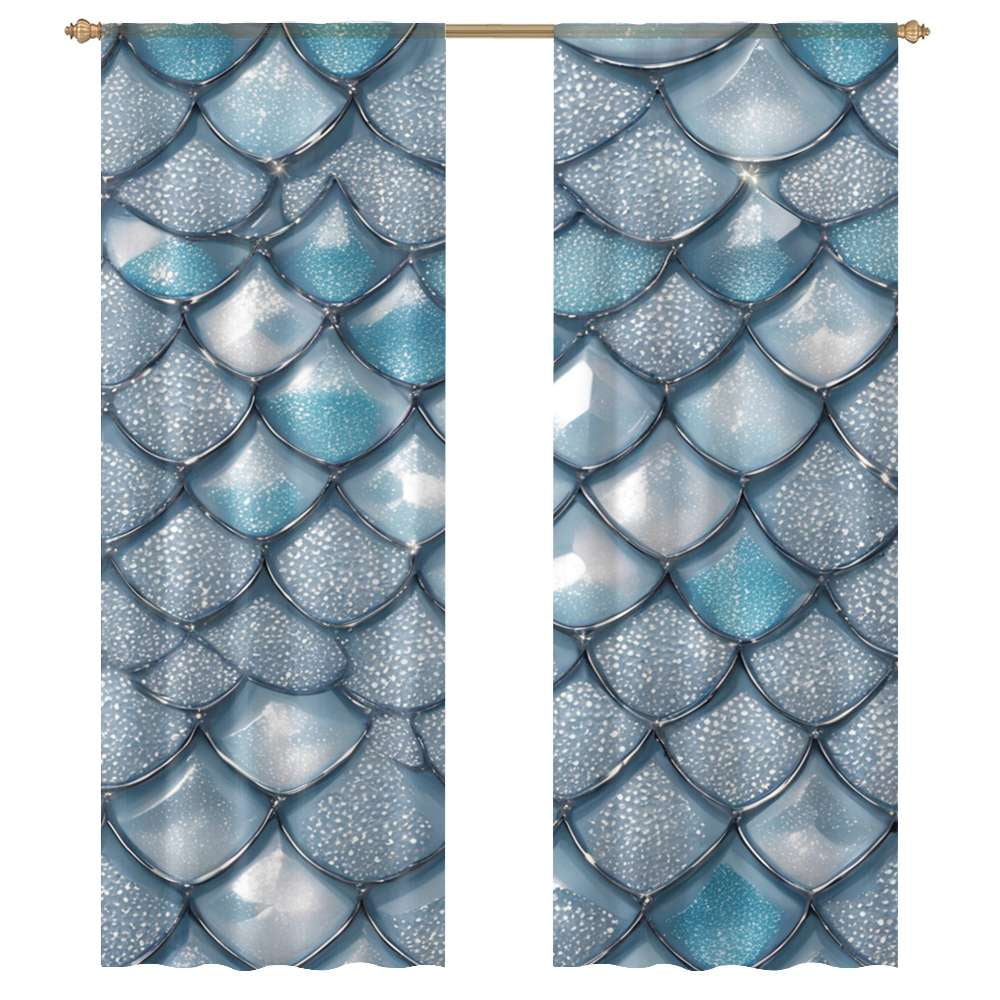 Blue Mermaid Scale Print Sheer Window Curtains for Living Room Kitchen ...