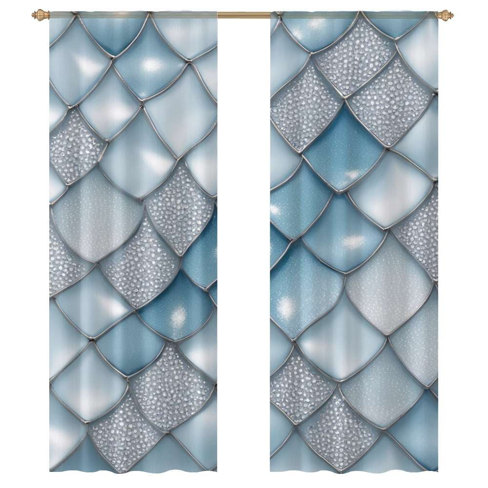 Blue Mermaid Scale Print Tulle Curtains For Living Room Chiffon Sheer ...