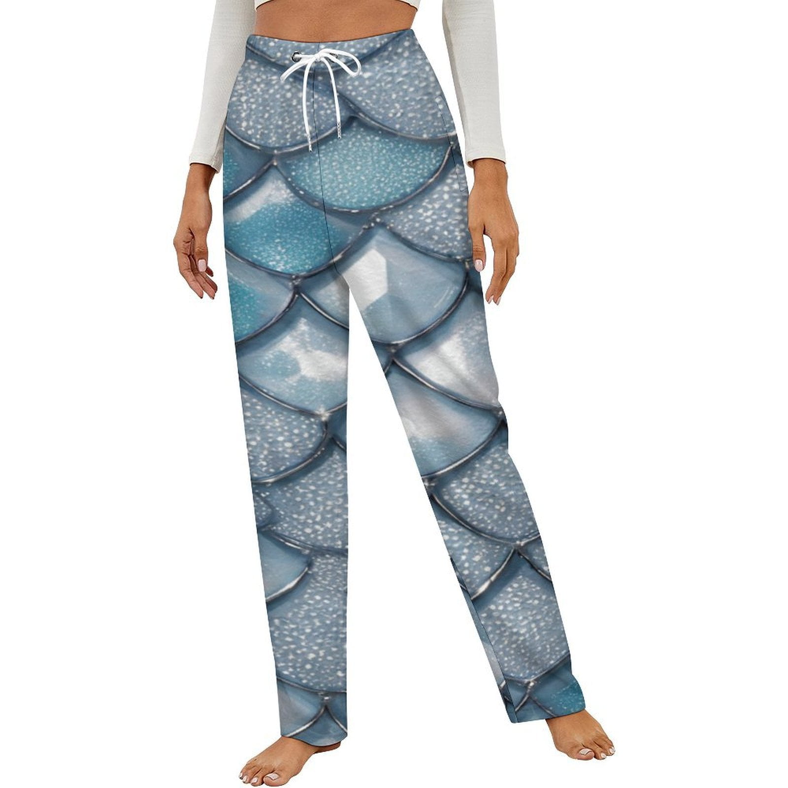 Blue Mermaid Scale Print Winter Female Pants Flannel High Waist Women ...