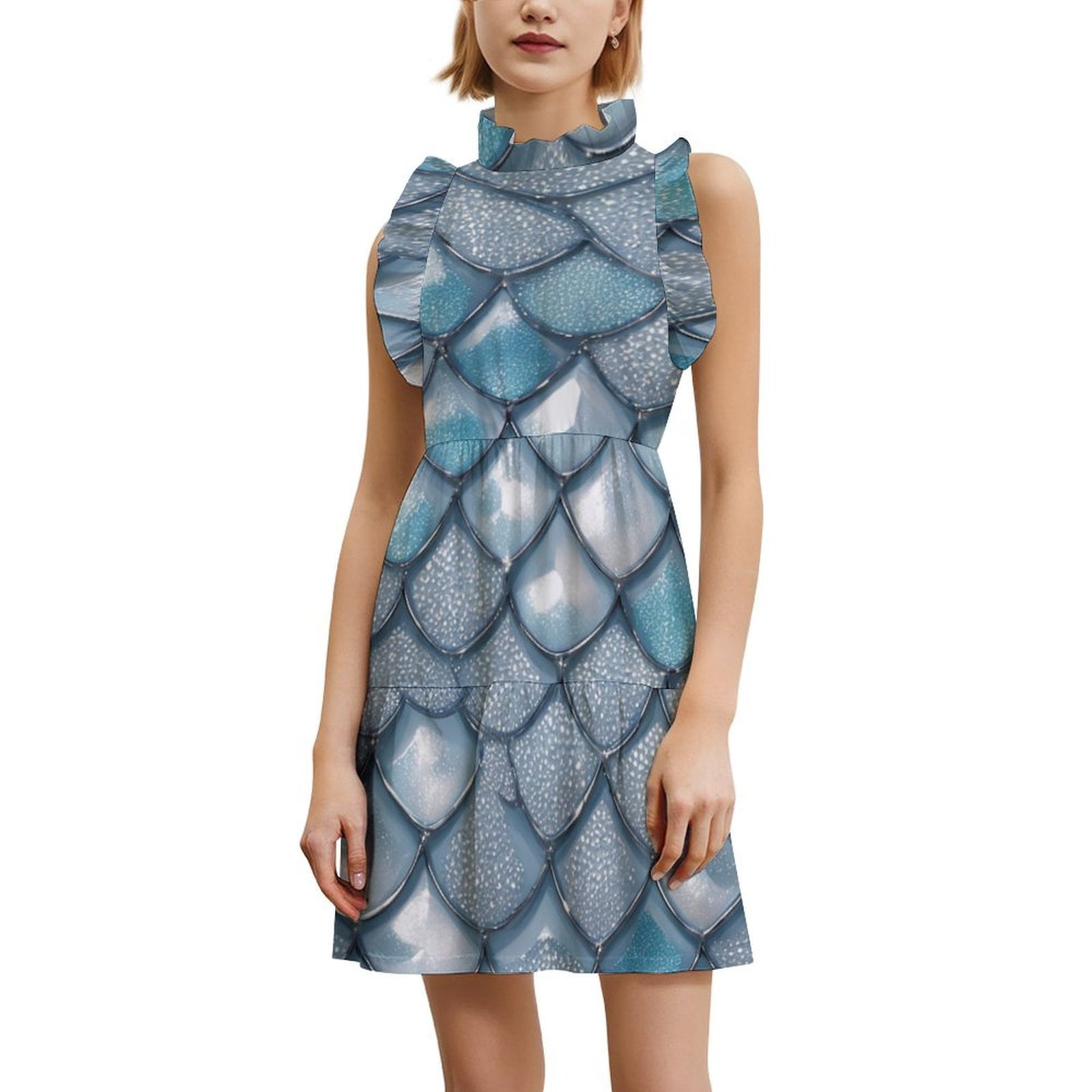 Blue Mermaid Scale Print Women's Fashion Casual Dress Summer Stand Up ...