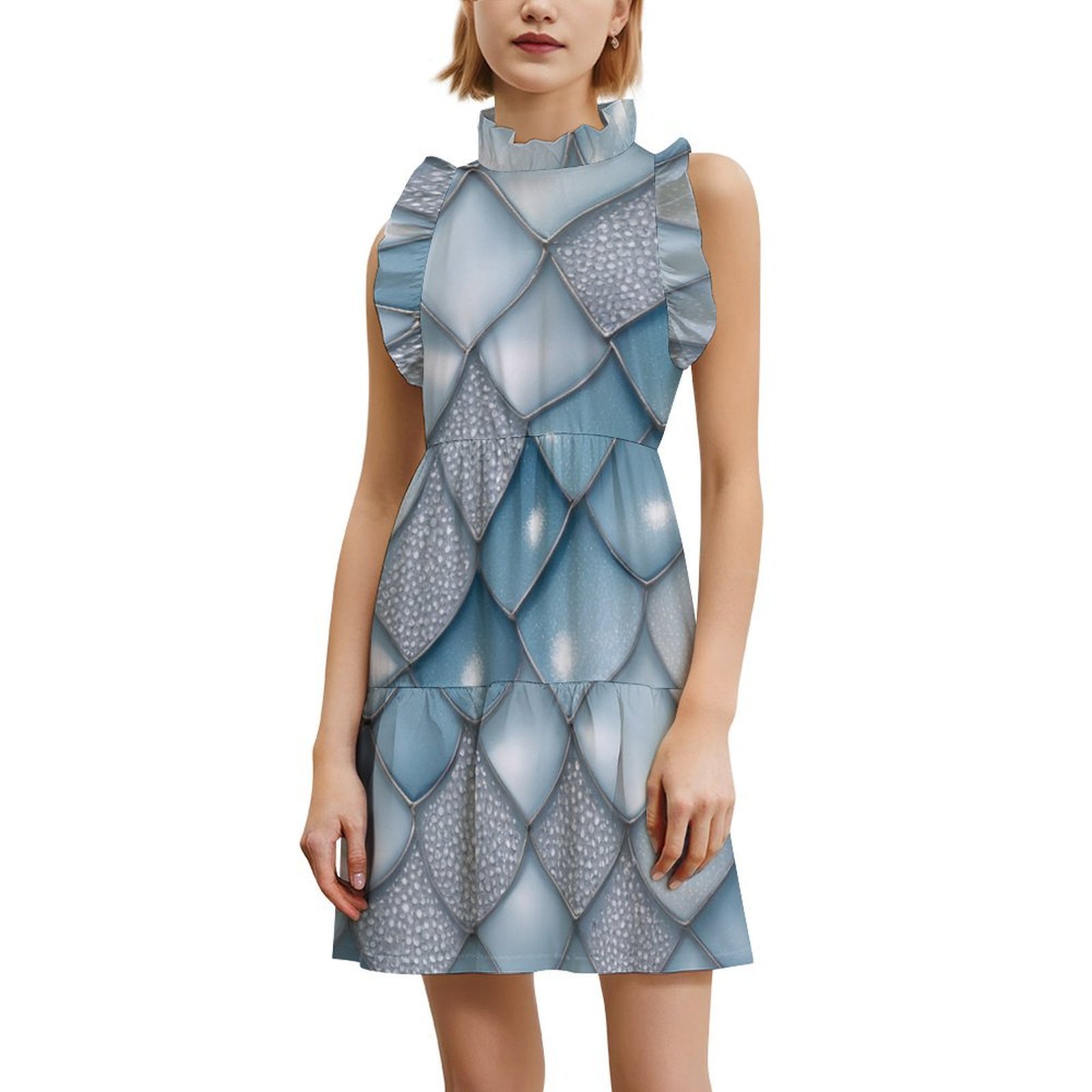 Blue Mermaid Scale Print Women's Fashion Casual Dress Summer Stand Up ...