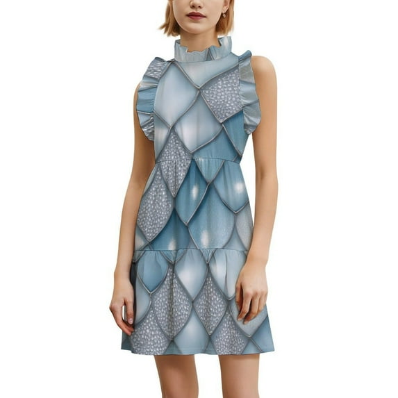Blue Mermaid Scale Print Women's Fashion Casual Dress Summer Stand Up ...