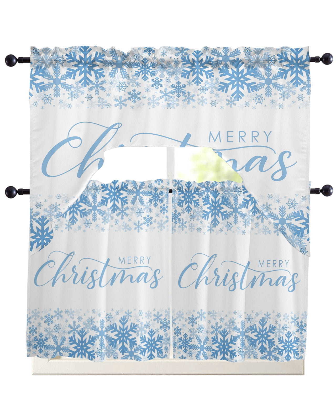 Blue Merry Christmas Kitchen Curtains Set for Windows 3 Piece Cafe ...