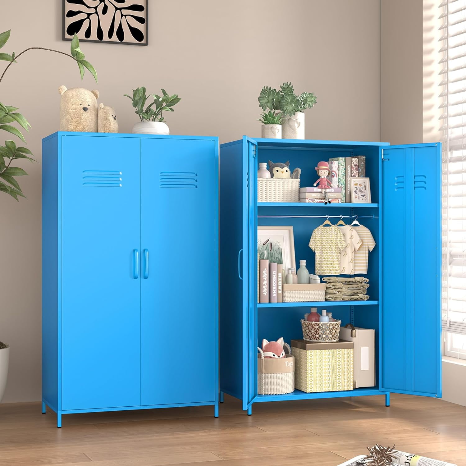 Blue Metal Bedroom Armoire Wardrobe Closet for Hanging Clothes, 51 ...