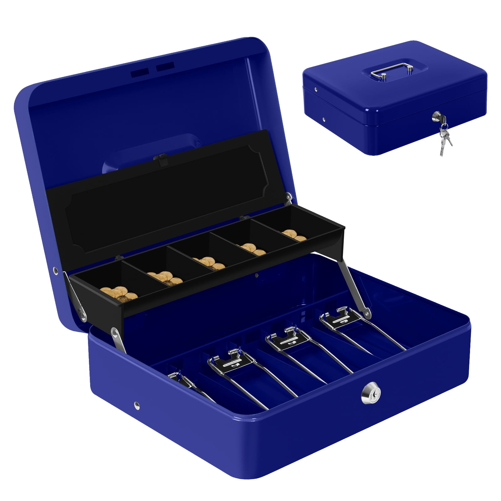 Blue Metal Cash Box with Key Lock, 4 Bill Slots & 5 Coin Trays Portable ...