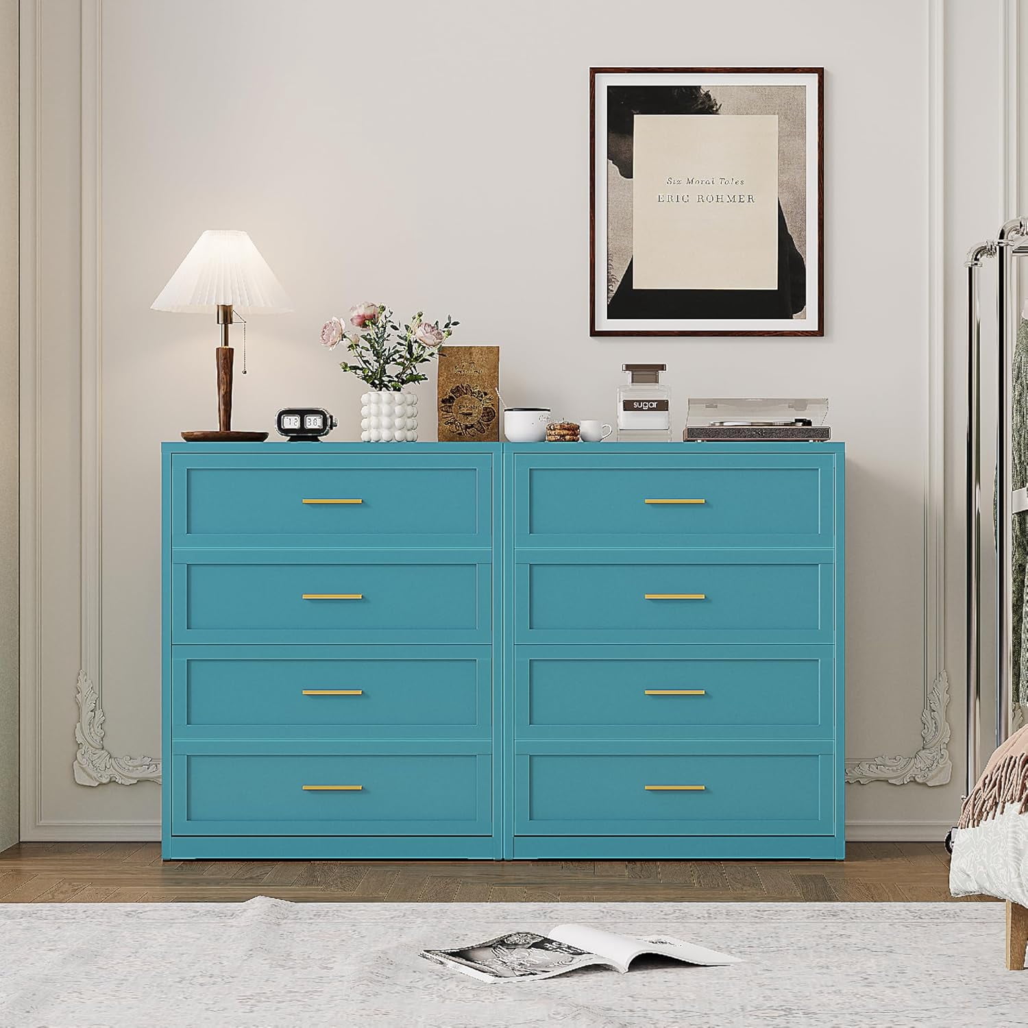 Blue Metal Dresser with 4 Drawer，39.3" Tall Chest of Drawers with Wide ...