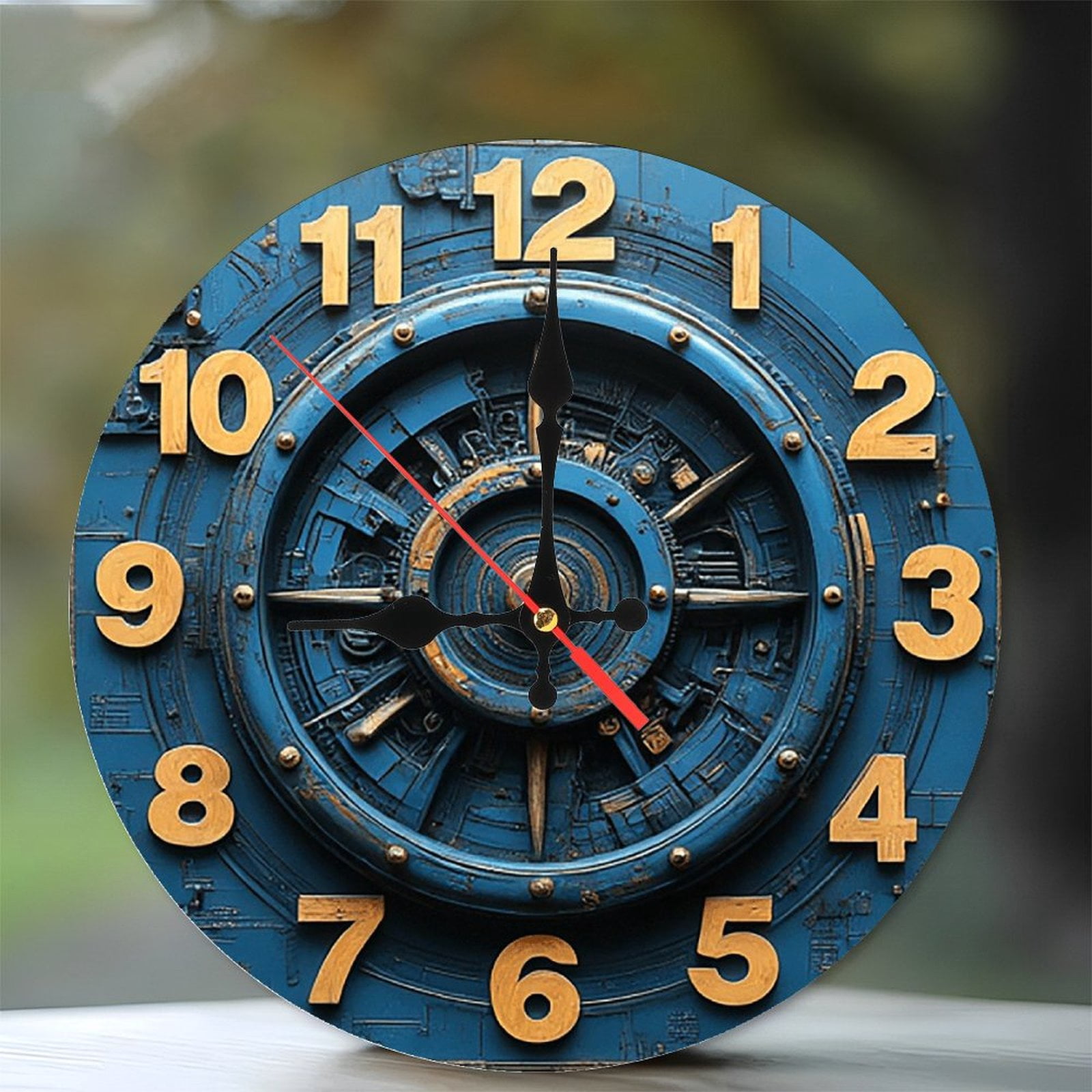 Blue Metal Gear Clock Wall Decor Home Office 10-Inch Silent Wooden Wall ...
