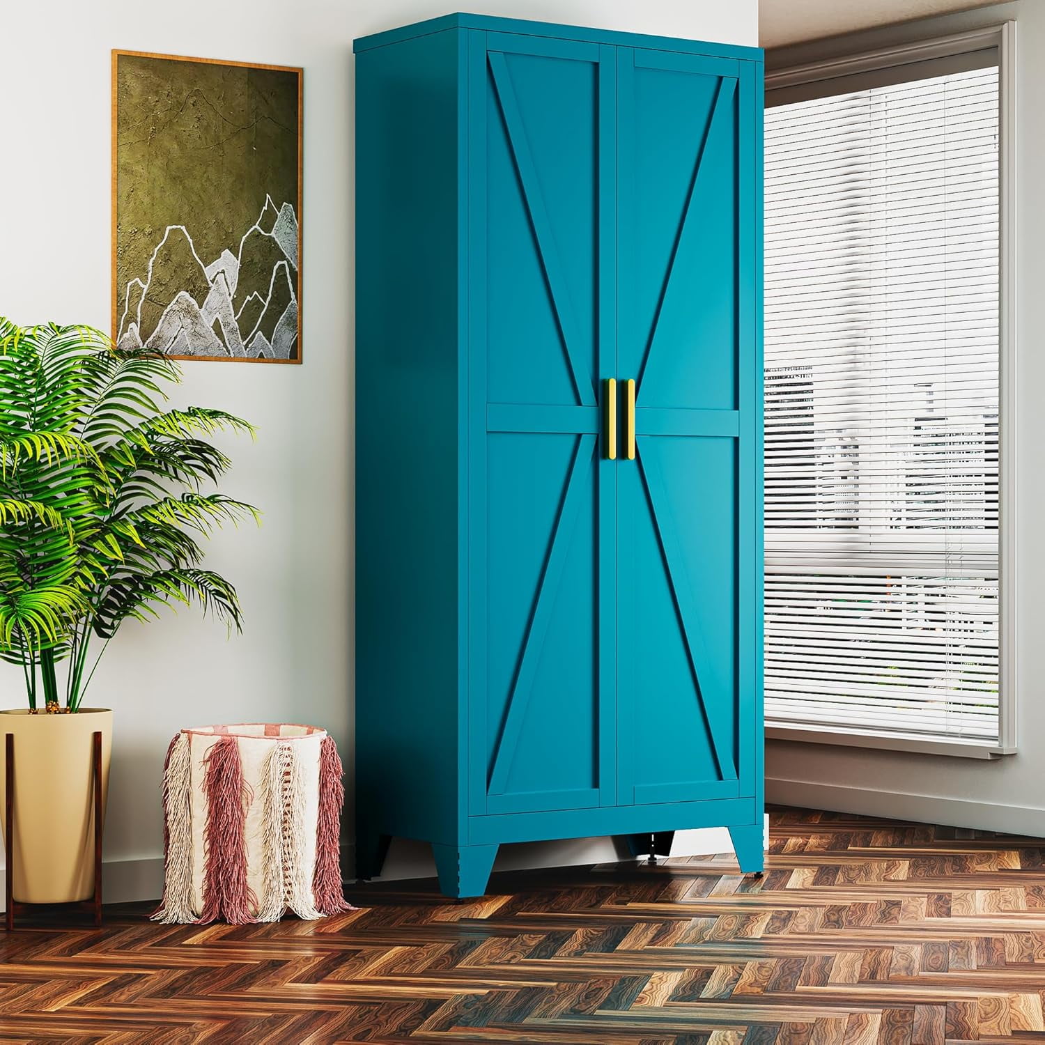Blue Metal Kitchen Pantry Cabinet with Doors and 4 Adjustable Shelves ...