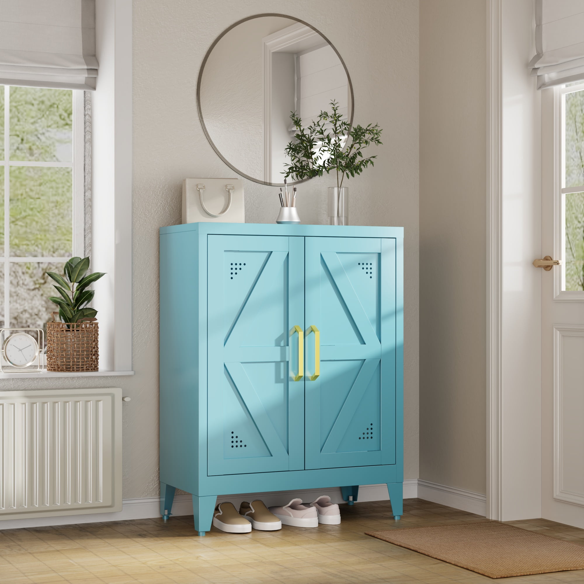 Blue Metal Storage Cabinet with Doors and Adjustable Shelves,3-Tier ...