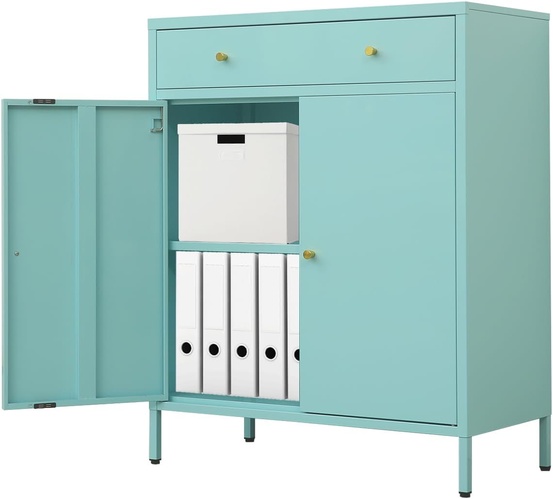 Blue Metal Storage Cabinet with Adjustable Feet 2-Tier Office Cabinet ...