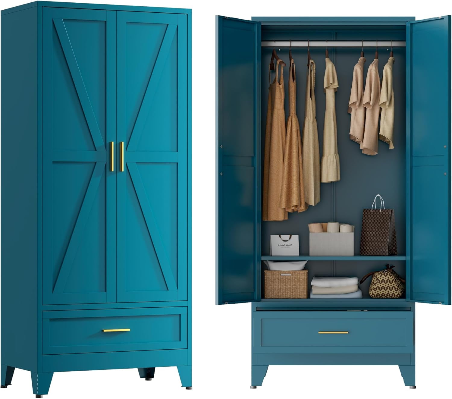 Blue Metal Wardrobe Cabinet for Bedroom, 71" Tall Freestanding Closet ...