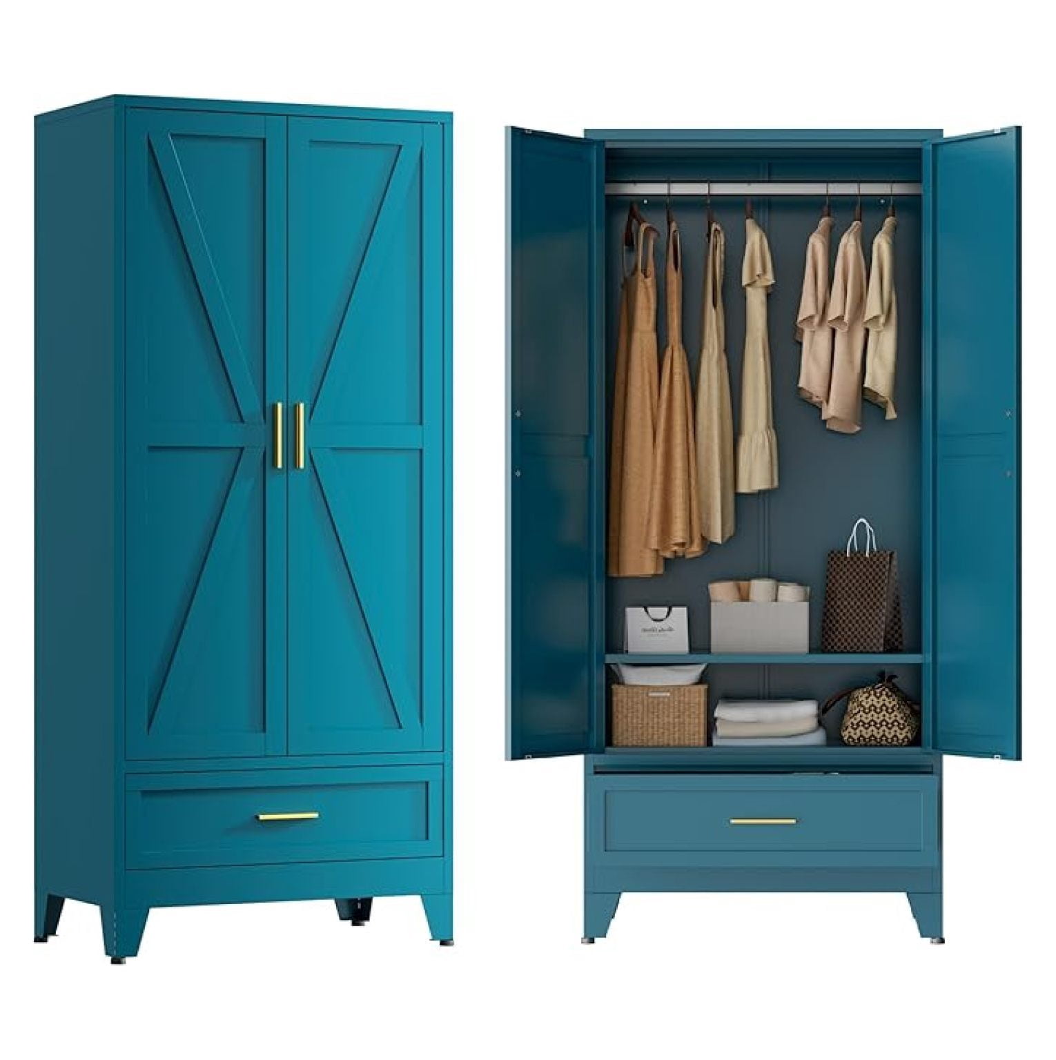 Blue Metal Wardrobe Closet for Bedroom, 71" Freestanding Armoire ...