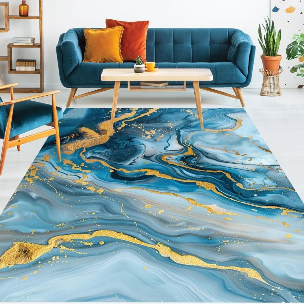 Blue Metallic Gold Marble Texture Modern Abstract Soft Area Rug Machine ...