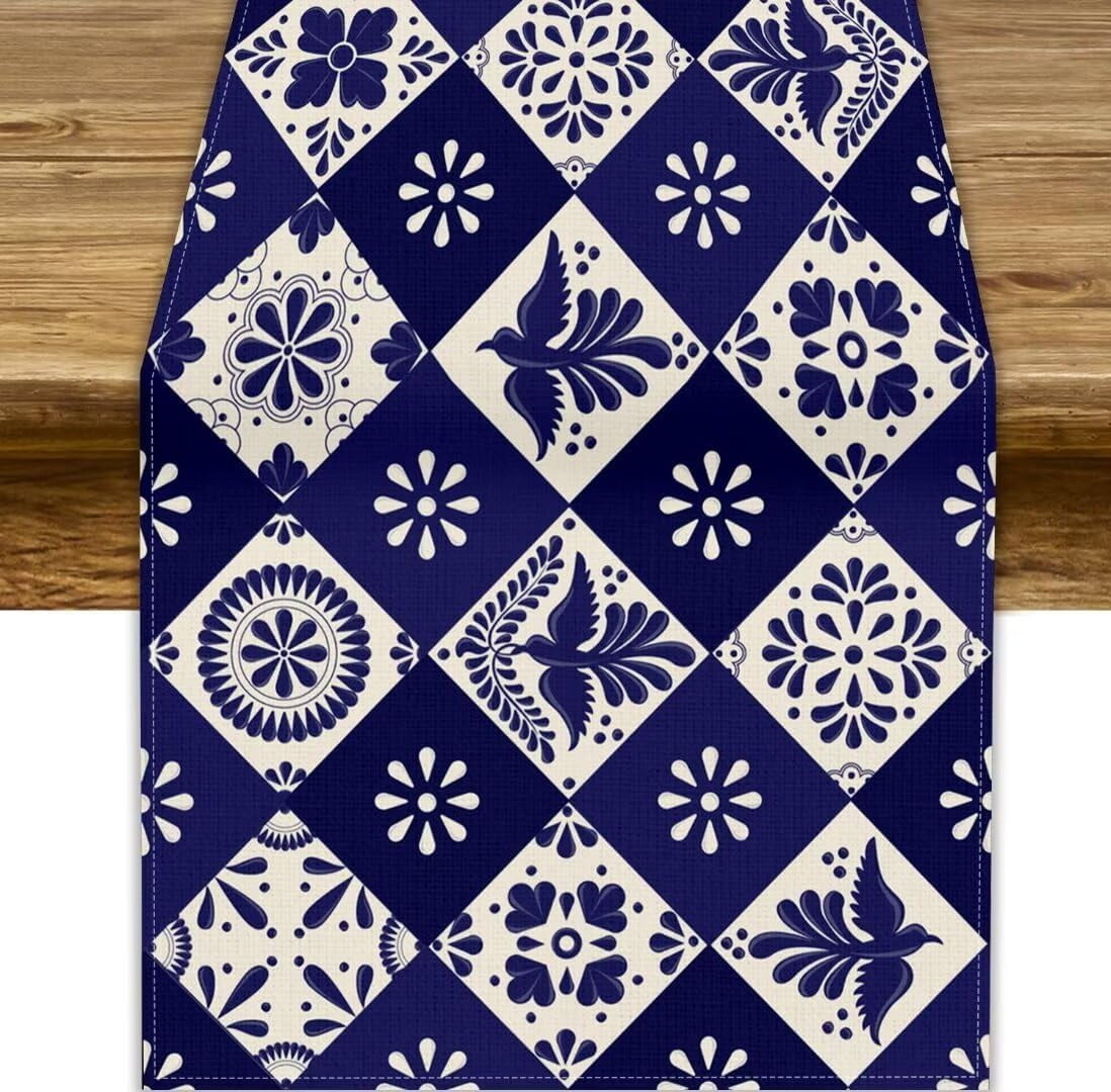 Blue Mexican Table Runner, Traditional Talavera Blue Patchwork Tiles ...