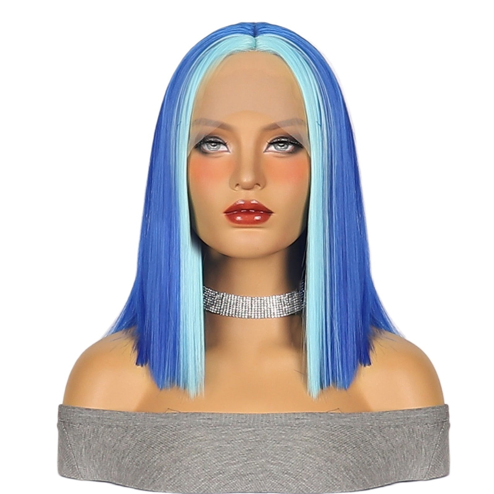 Blue Mid Split Short Straight Hair Wig Headband For Natural Styling ...