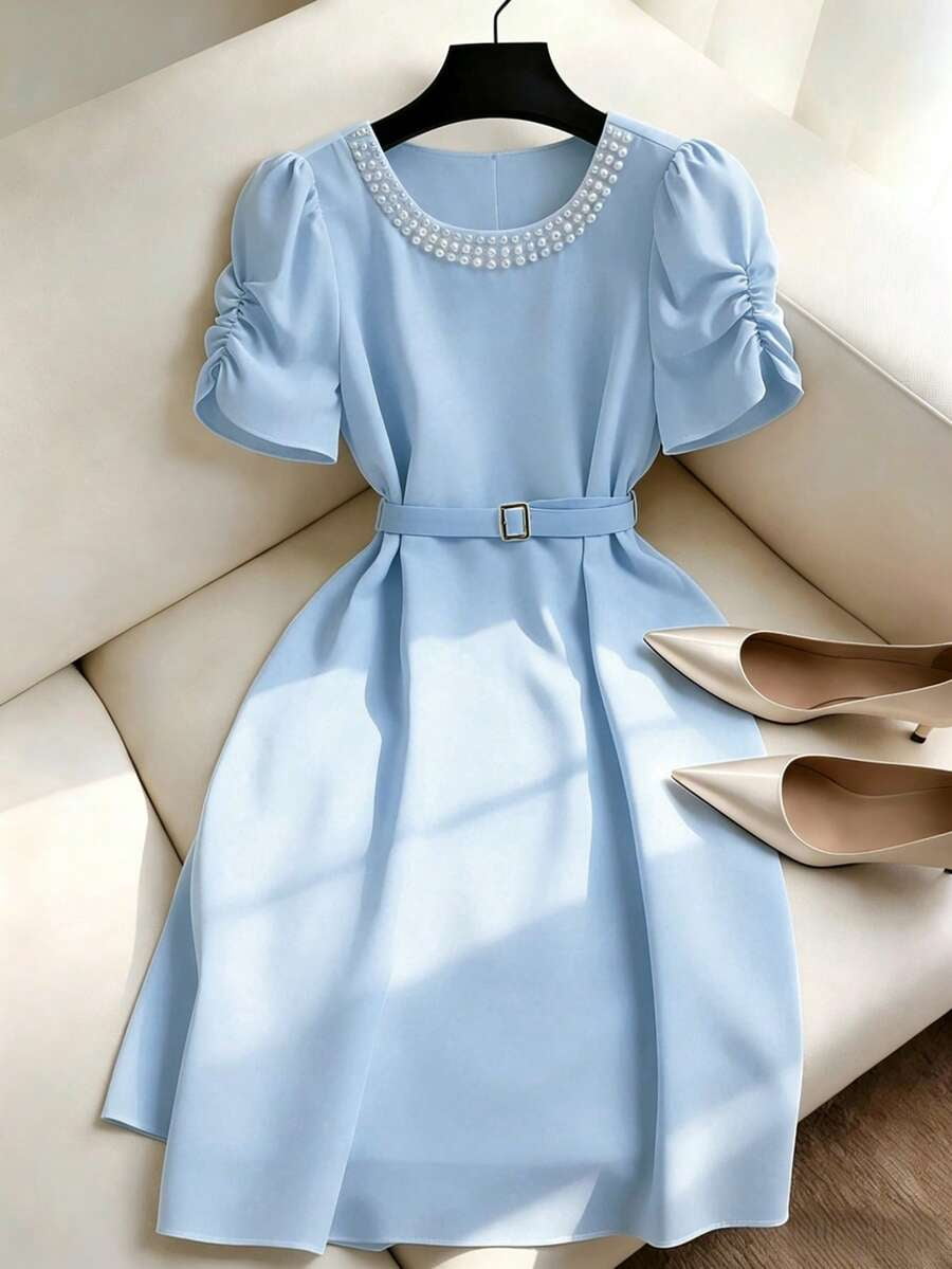 Blue Midi Dress With Pearl-Embellished Collar Ruched Sleeves Belted A ...