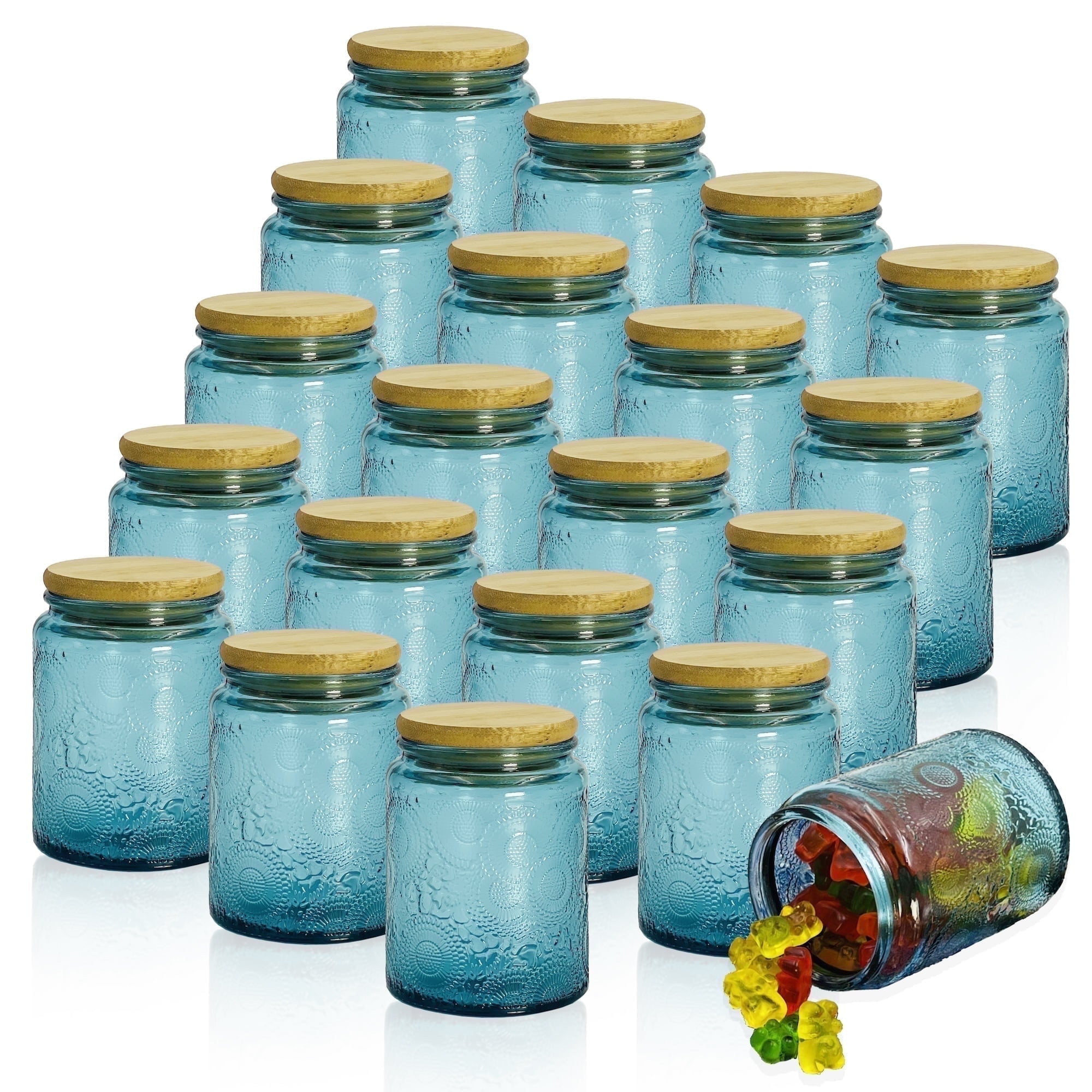 Blue Mini Glass Jars with Reusable Bamboo Lids, 20 pack 8oz Embossed ...