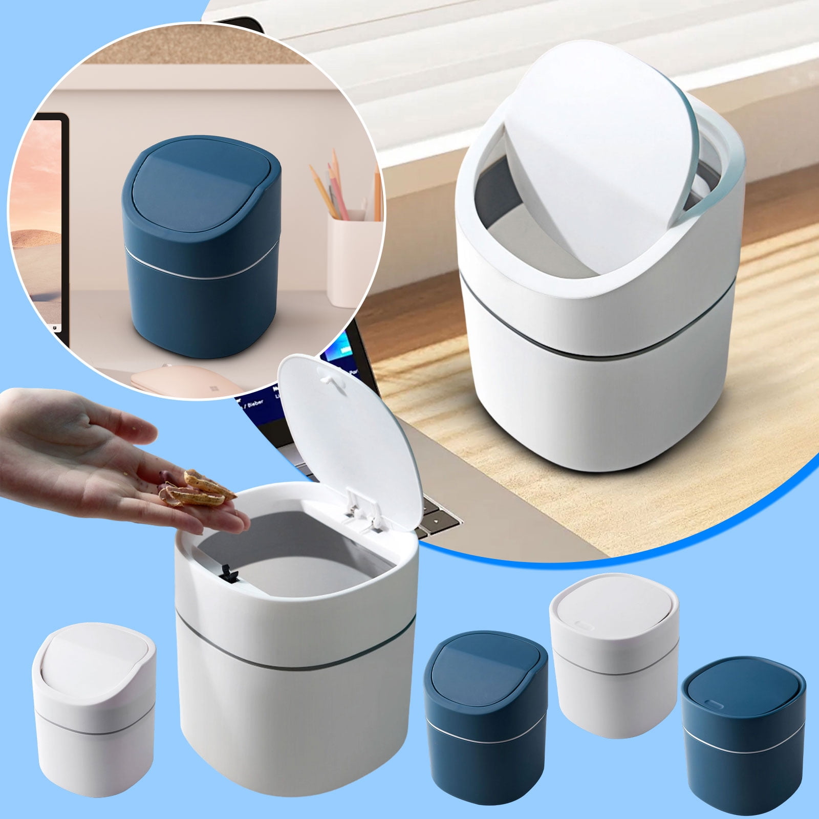 Blue Mini Trash Can for Desk, Bedroom & Bathroom Countertop - Tiny Flip ...