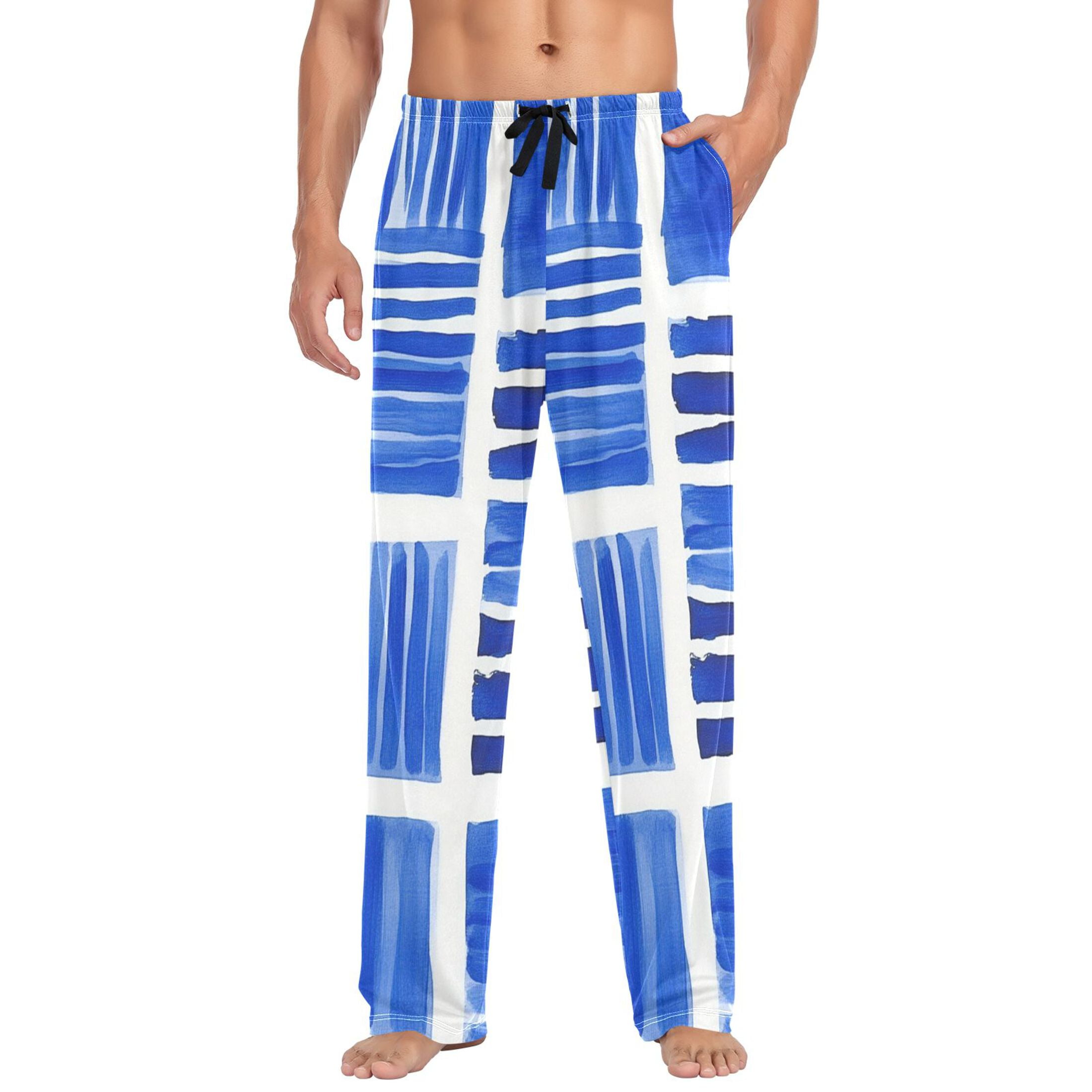 Blue Minimalist Line Pattern Mens Cotton Pajama Pant Sleep and Lounge ...
