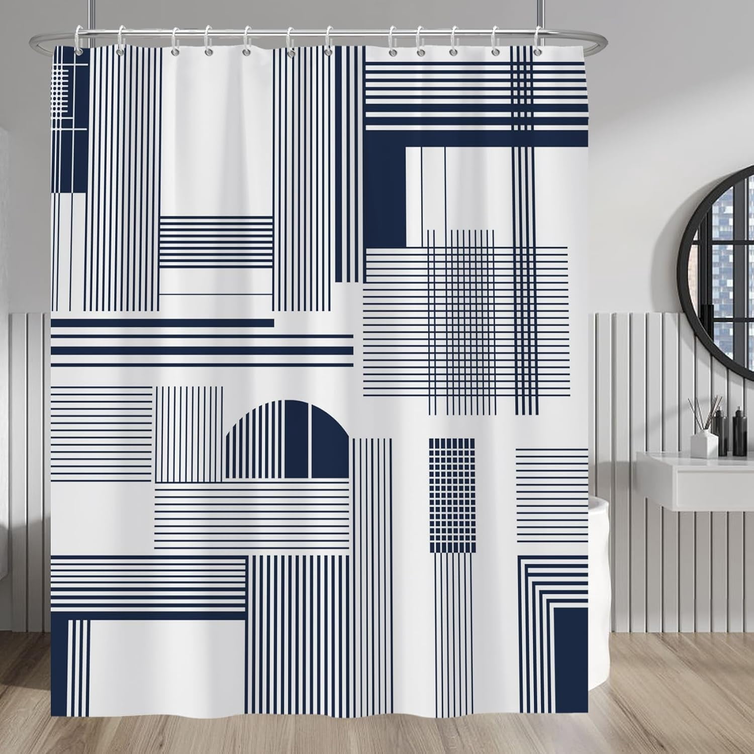 Blue Minimalist Shower Curtain Set Modern Fashion Striped Geometric ...