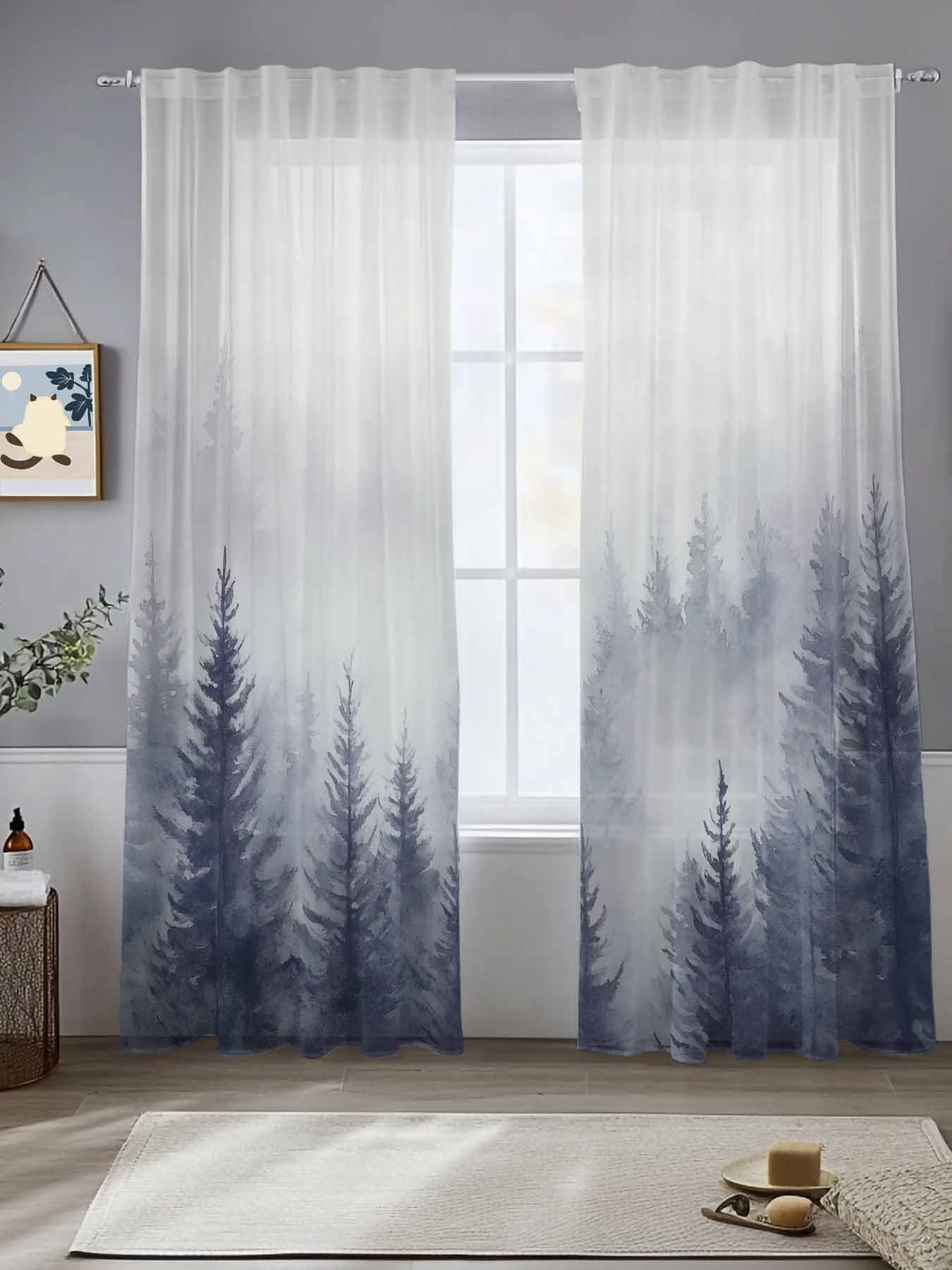Blue Mist Forest Sheer Curtains for Living Room Bedroom Pine Larch ...
