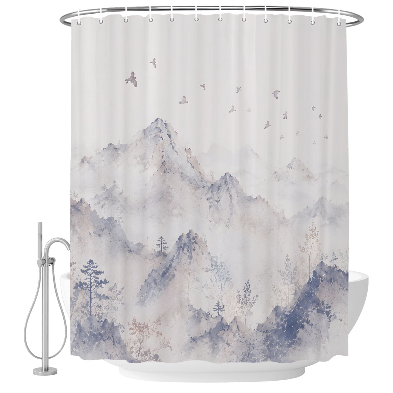 Blue Misty Mountains Shower Curtain for Bathroom, Zen Flying Birds ...