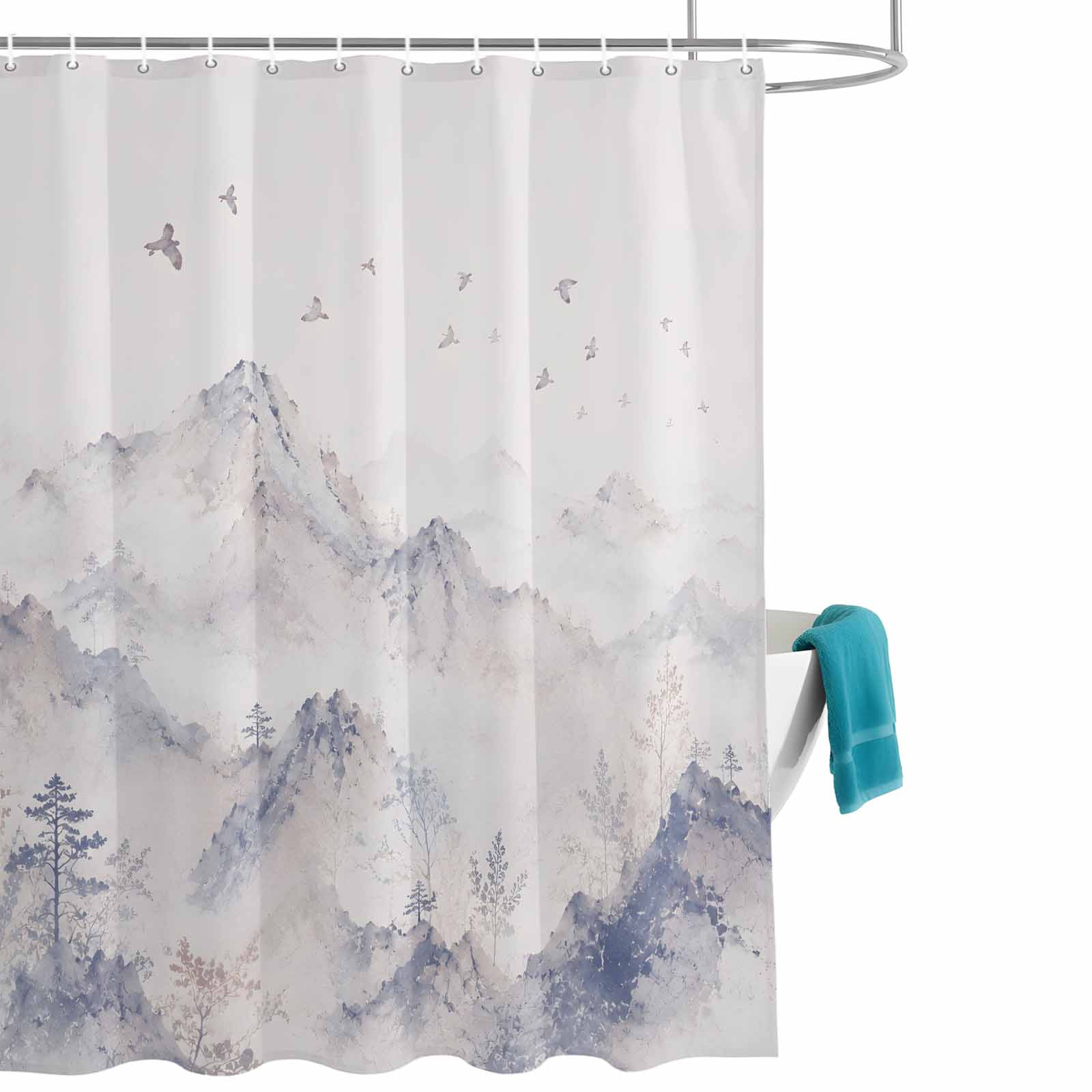 Blue Misty Mountains Shower Curtain, Zen Flying Birds Peaks Trees ...