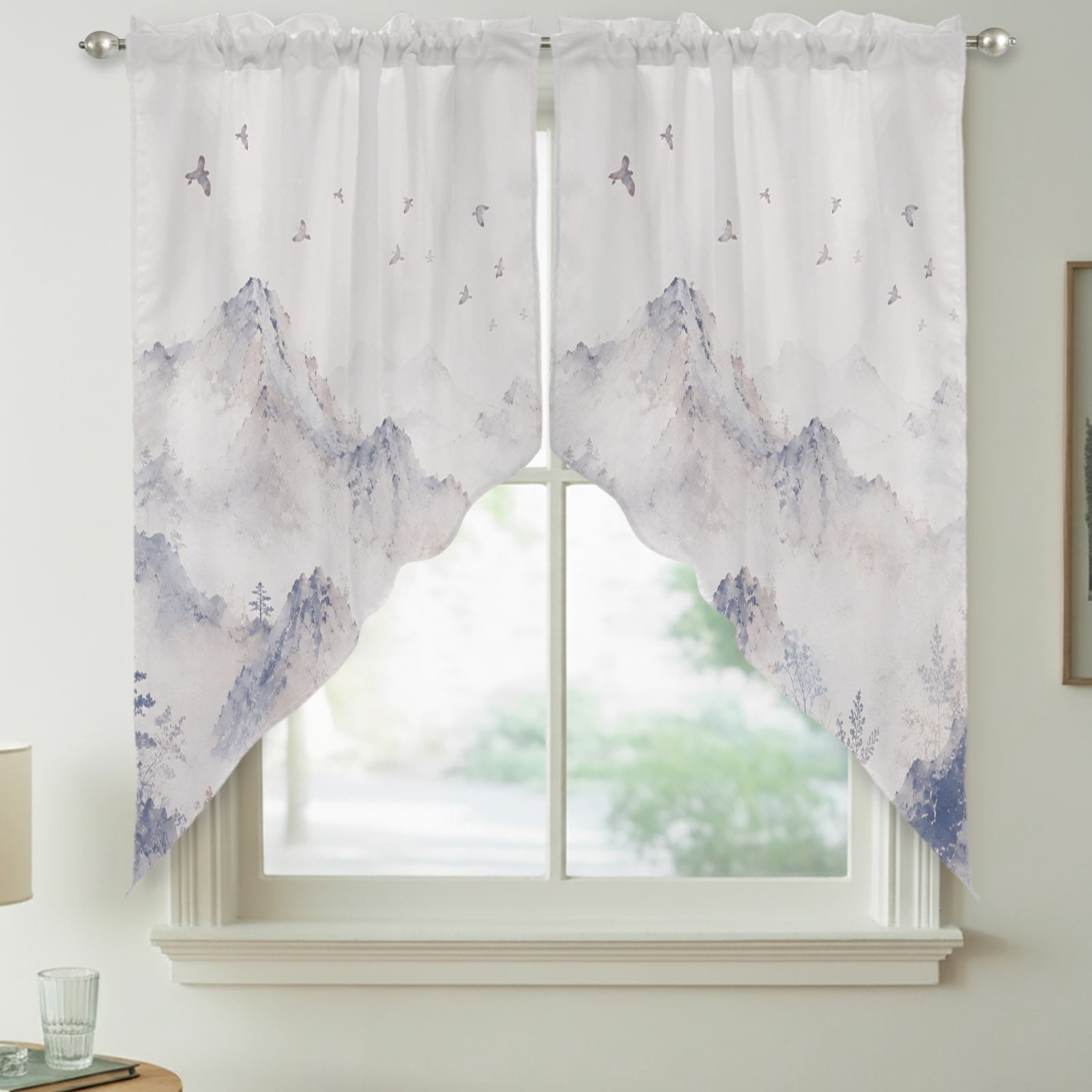 Blue Misty Mountains Swag Kitchen Curtain Valances, Zen Flying Birds ...