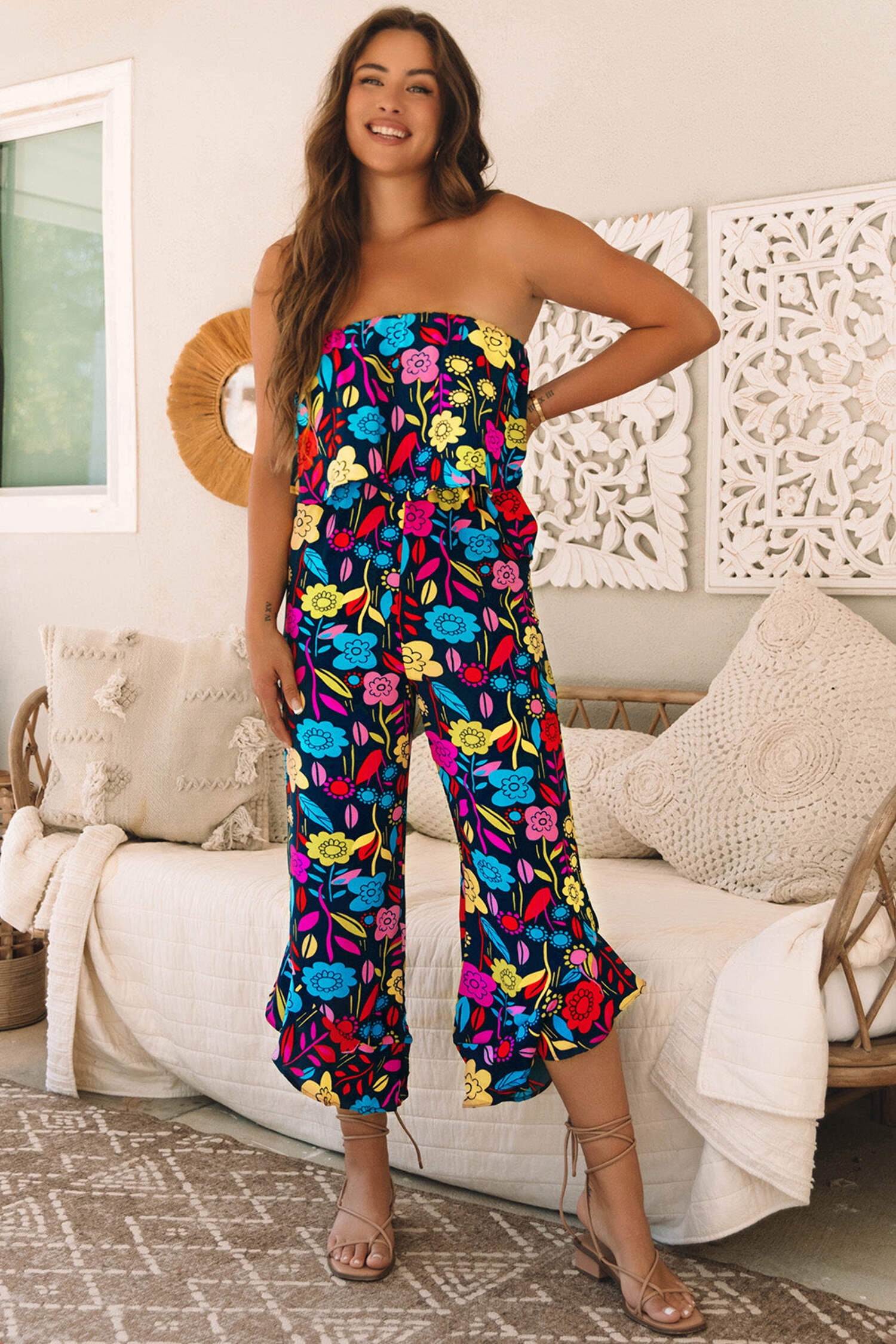 Blue Mix Tropical Print Strapless Ruffled Jumpsuit - Walmart.com