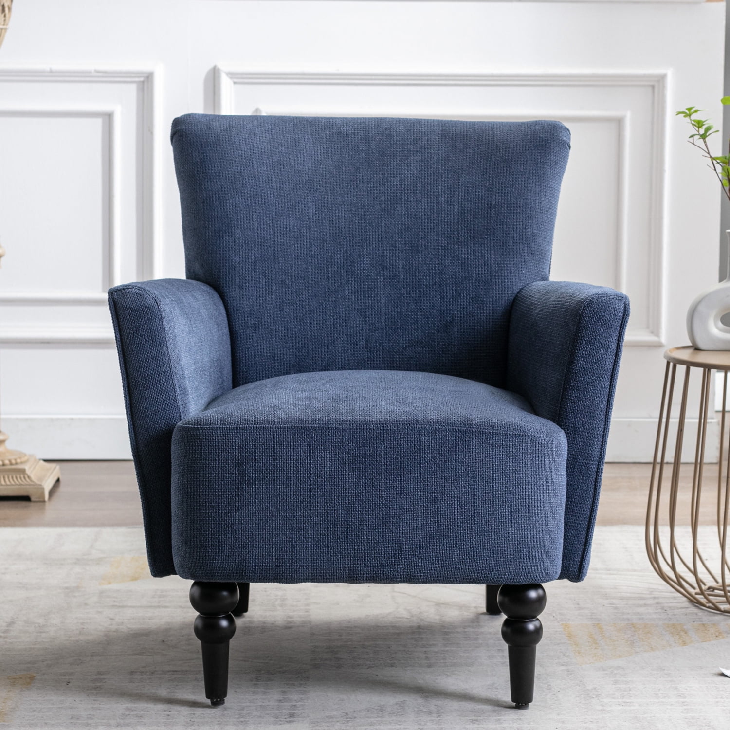 Blue Modern Accent Armchair with Linen surface and solid wood feet ...